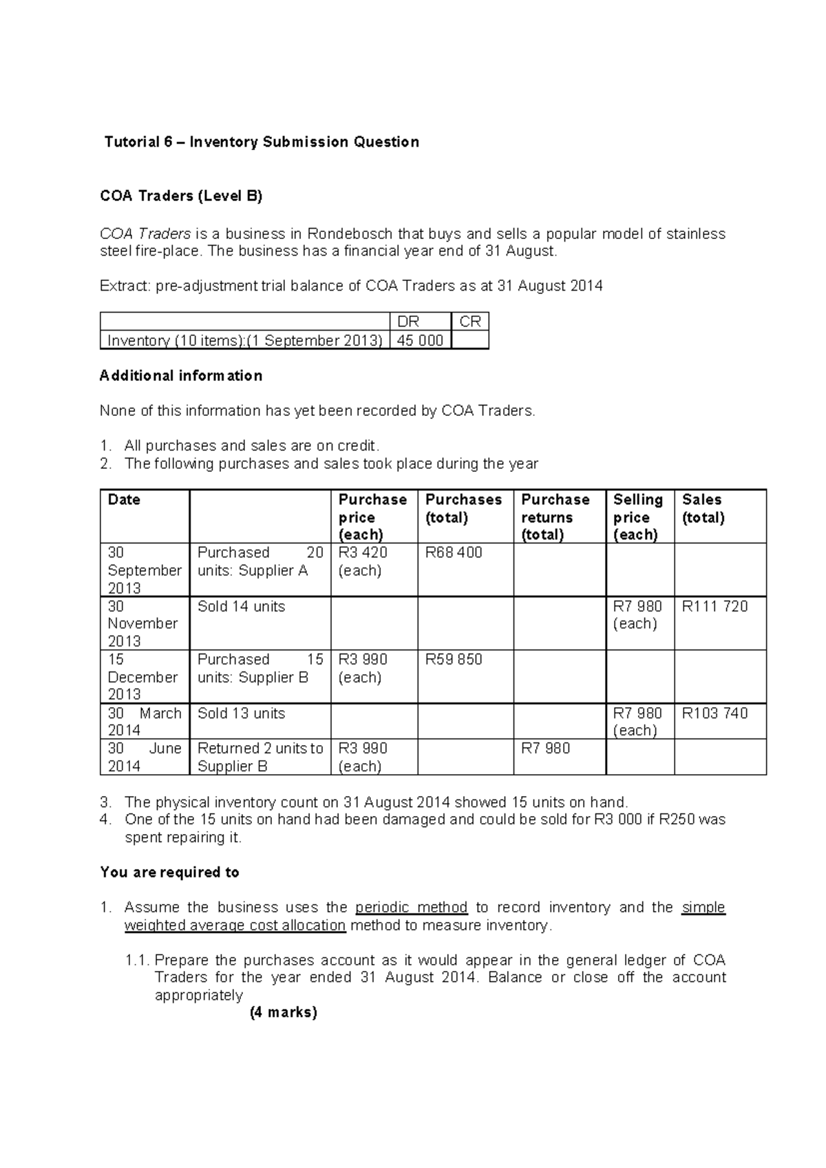 COA Traders (Level B) Tutorial 6 Inventory Submission Questions - Studocu