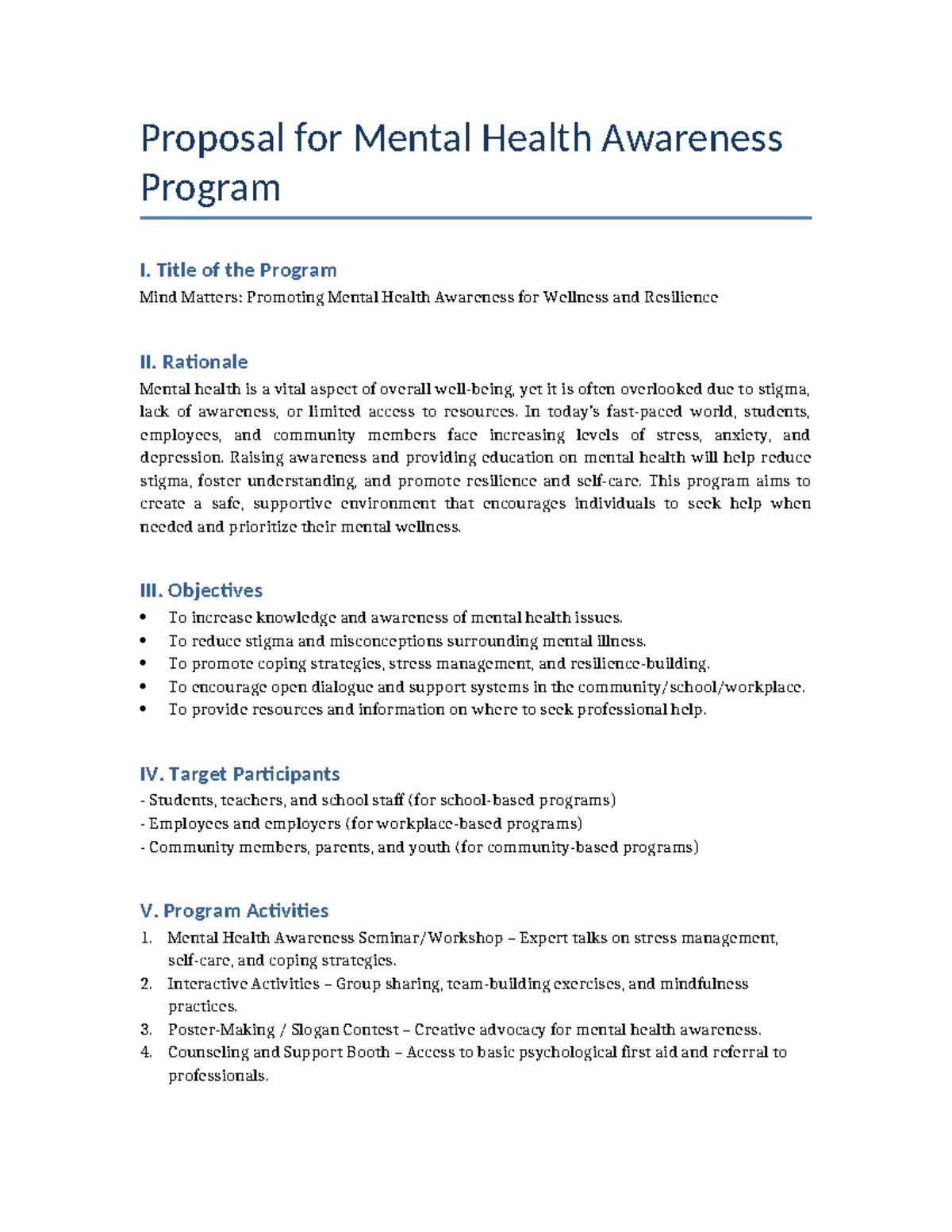 Mental Health Awareness Program Proposal: Mind Matters Initiative - Studocu