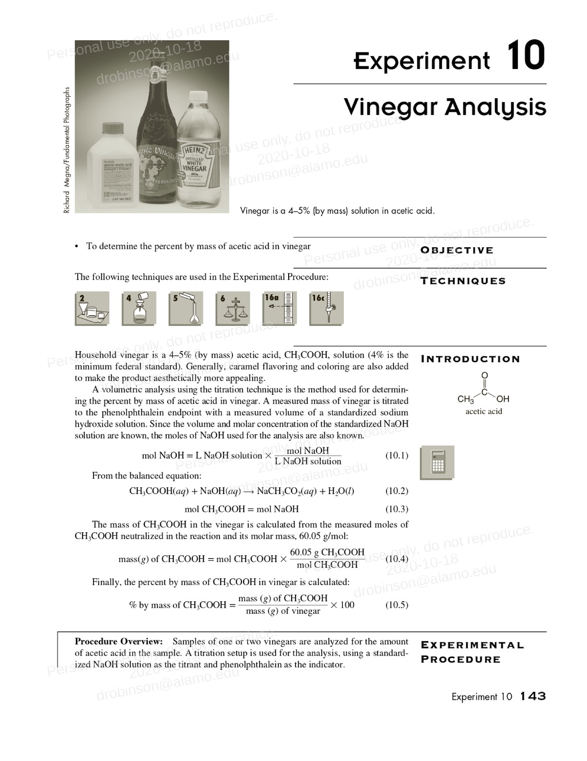 Lab Manual Beran 10e: Experiment 10 - Analyzing Acetic Acid in Vinegar - Studocu