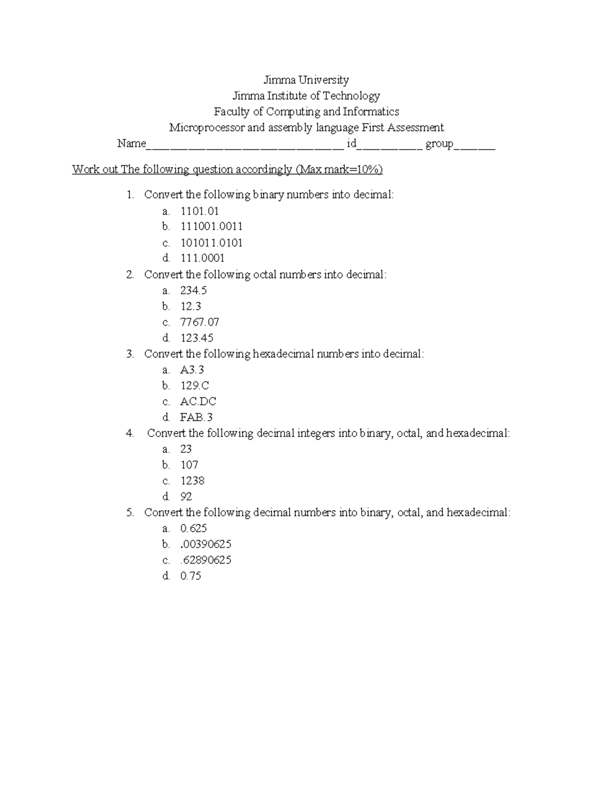 Microprocessor and Assembly Language (CIT 101) First Assessment ...