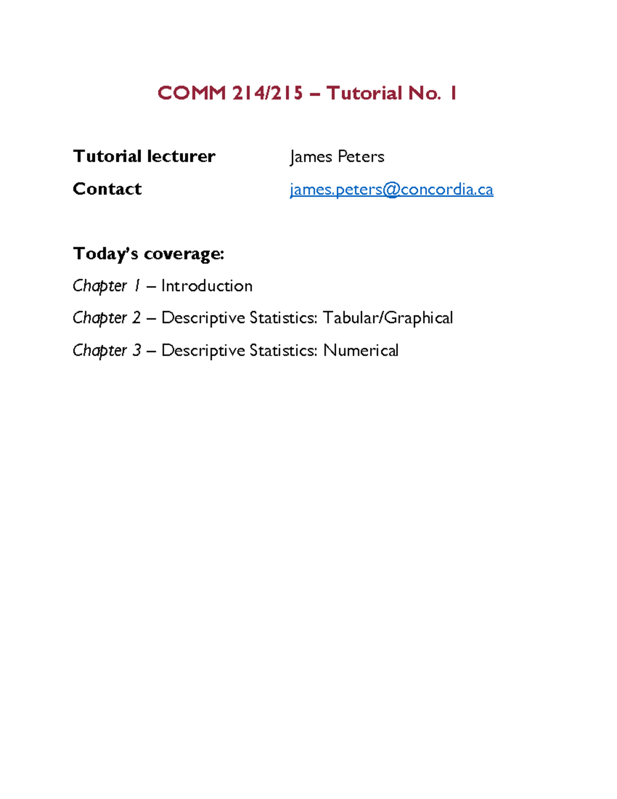 COMM 215 Tutorial 1: Introduction to Descriptive Statistics - Studocu