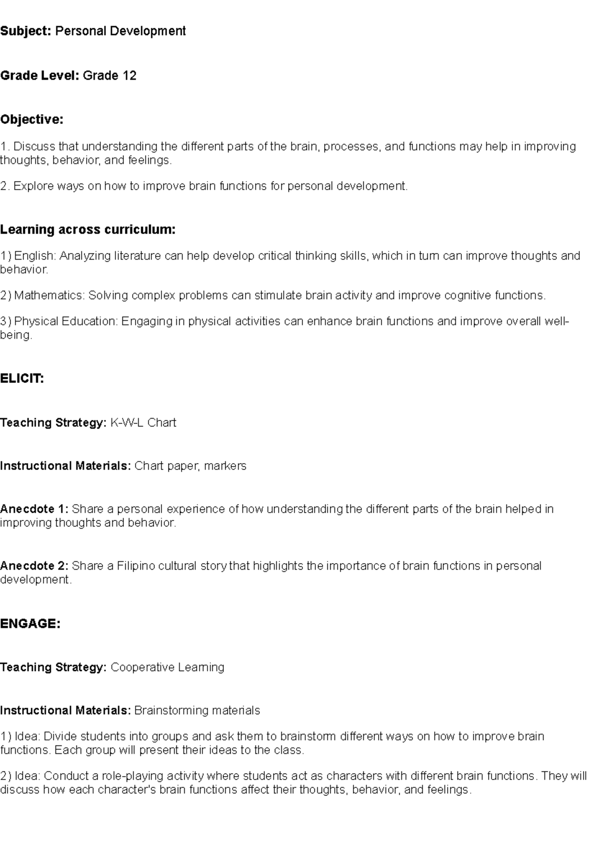 Lesson Plan for Personal Development (Perdev) for Grade 12 Students ...
