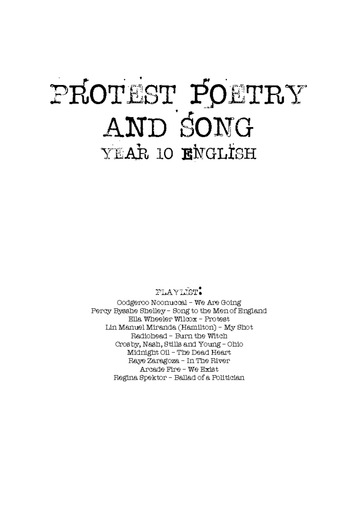 Protest Poem Booklet list - 2018 English - EDN313 - Murdoch - Studocu