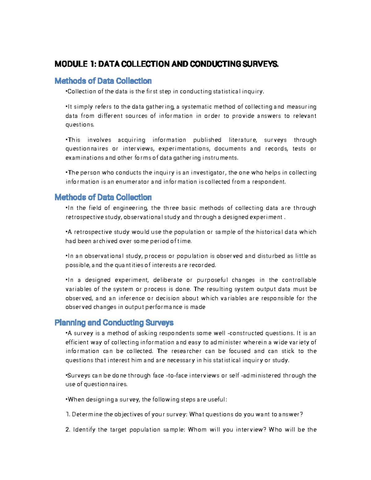 MODULE 1: DATA COLLECTION & SURVEY METHODS - Studocu