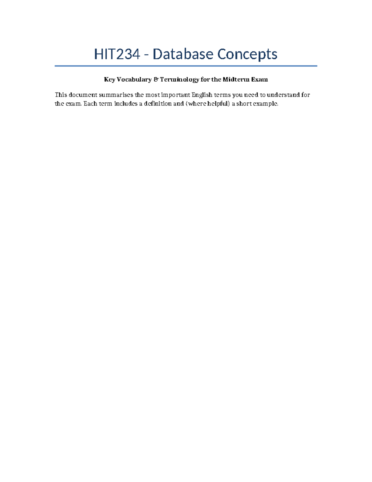 HIT234 Database Concepts Midterm Exam Key Vocabulary Summary - Studocu
