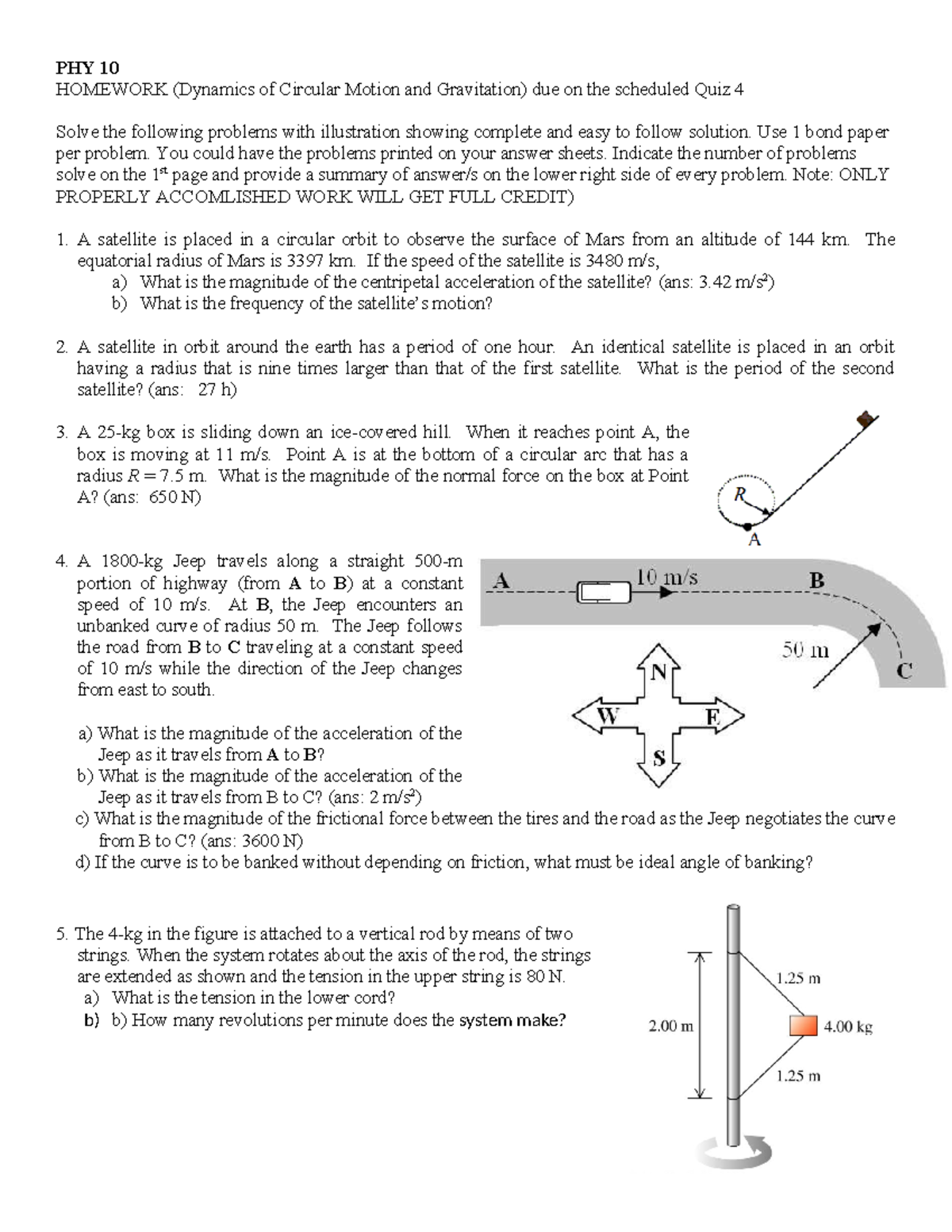 PHY 10 Quiz 4 Homework: Circular Motion & Gravitation Problems - Studocu