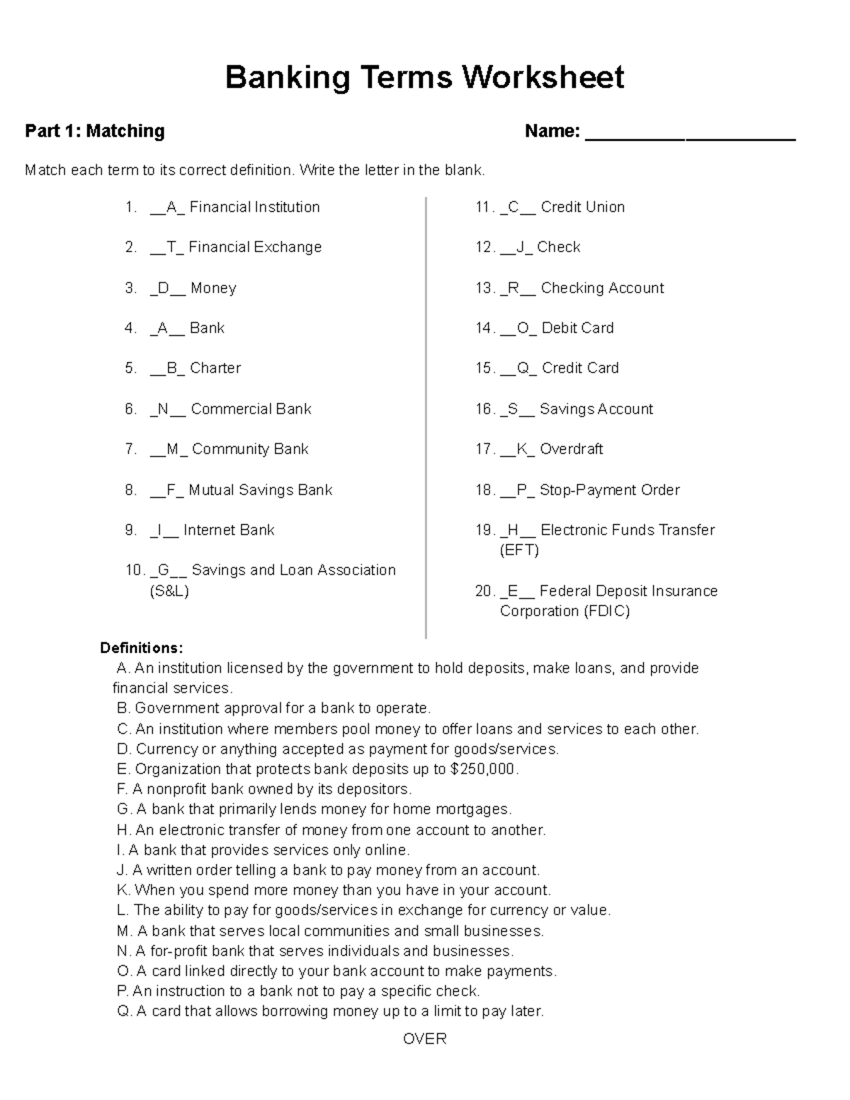 Banking Terms Worksheet Part 1: Definitions Matching Exercise - Studocu