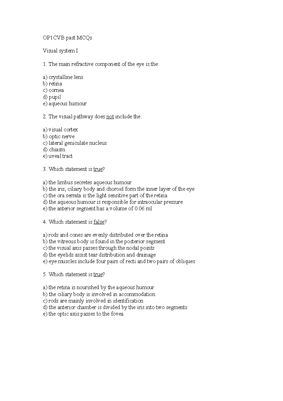 OP1CVB Clinical Visual Biology MCQs with Answers and Explanations - Studocu