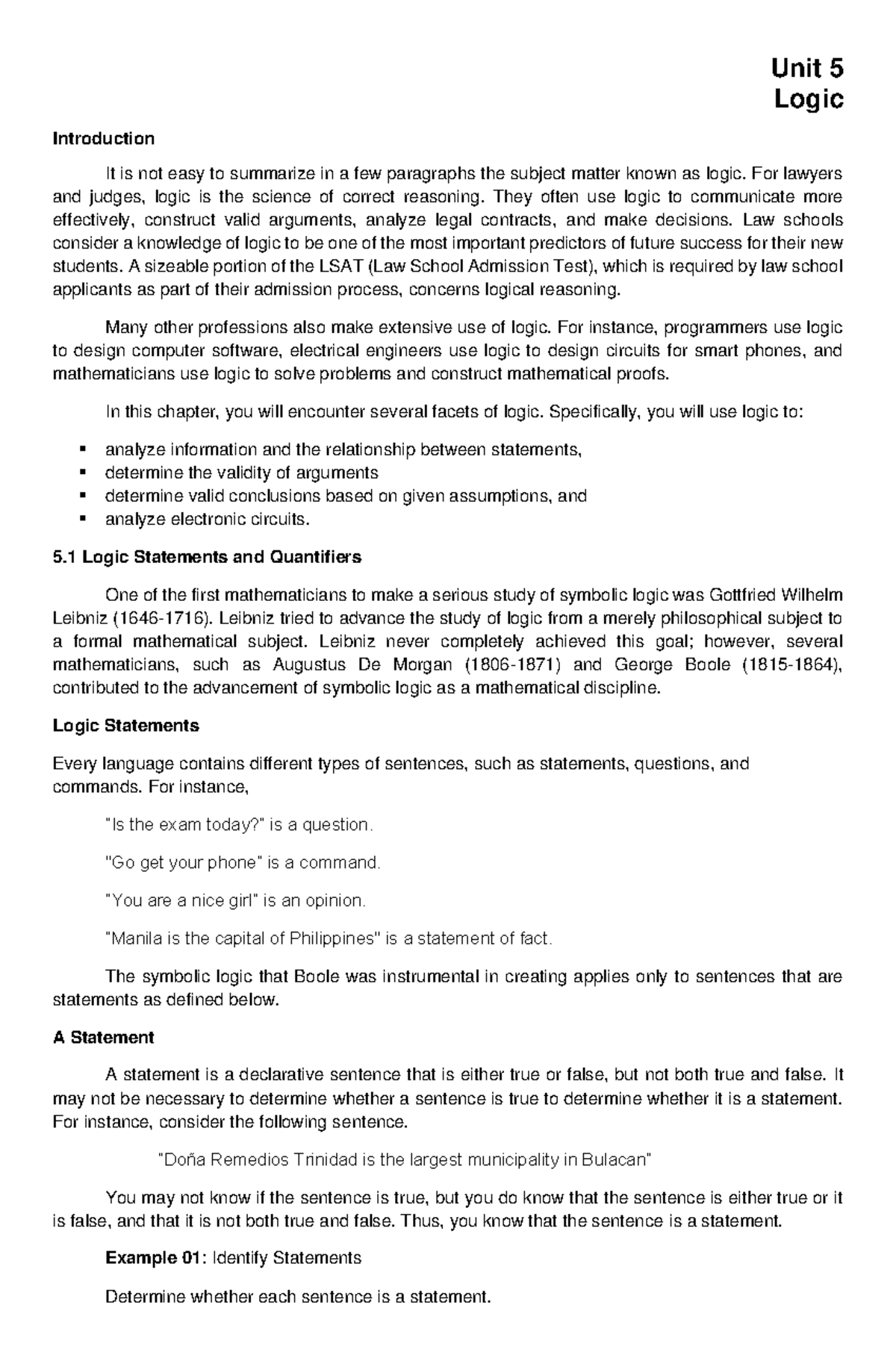 Unit-5-Logic - Nnnnnnnnnnnnnnn - Unit 5 Logic Introduction It is not easy to summarize in a few ...