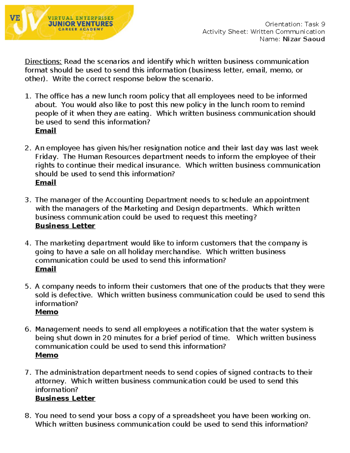 Orientation: Task 9 Activity Sheet - Written Communication - Studocu
