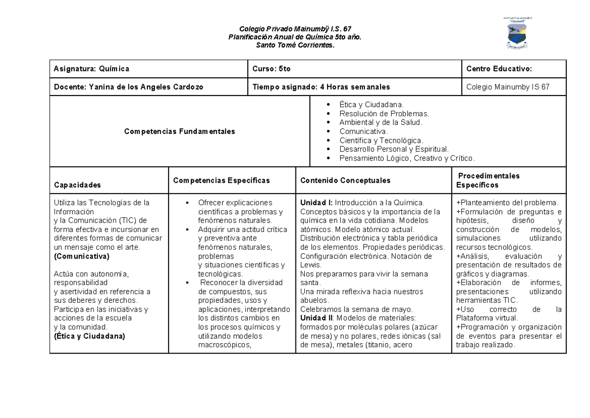 Planificación Anual de Química 5to Año - Colegio Mainumbÿ I. 67 - Studocu
