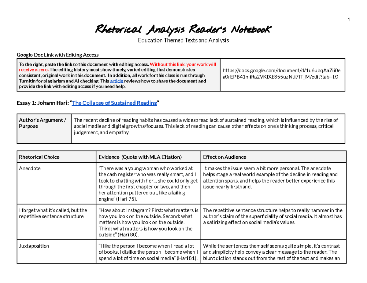 Rhetorical Analysis Notebook: Education Themes & Insights (ENG 101 ...