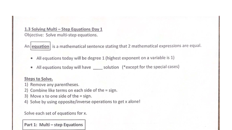 Algebra 2: Multi-Step Equations Day 1 - Solving Techniques - Studocu