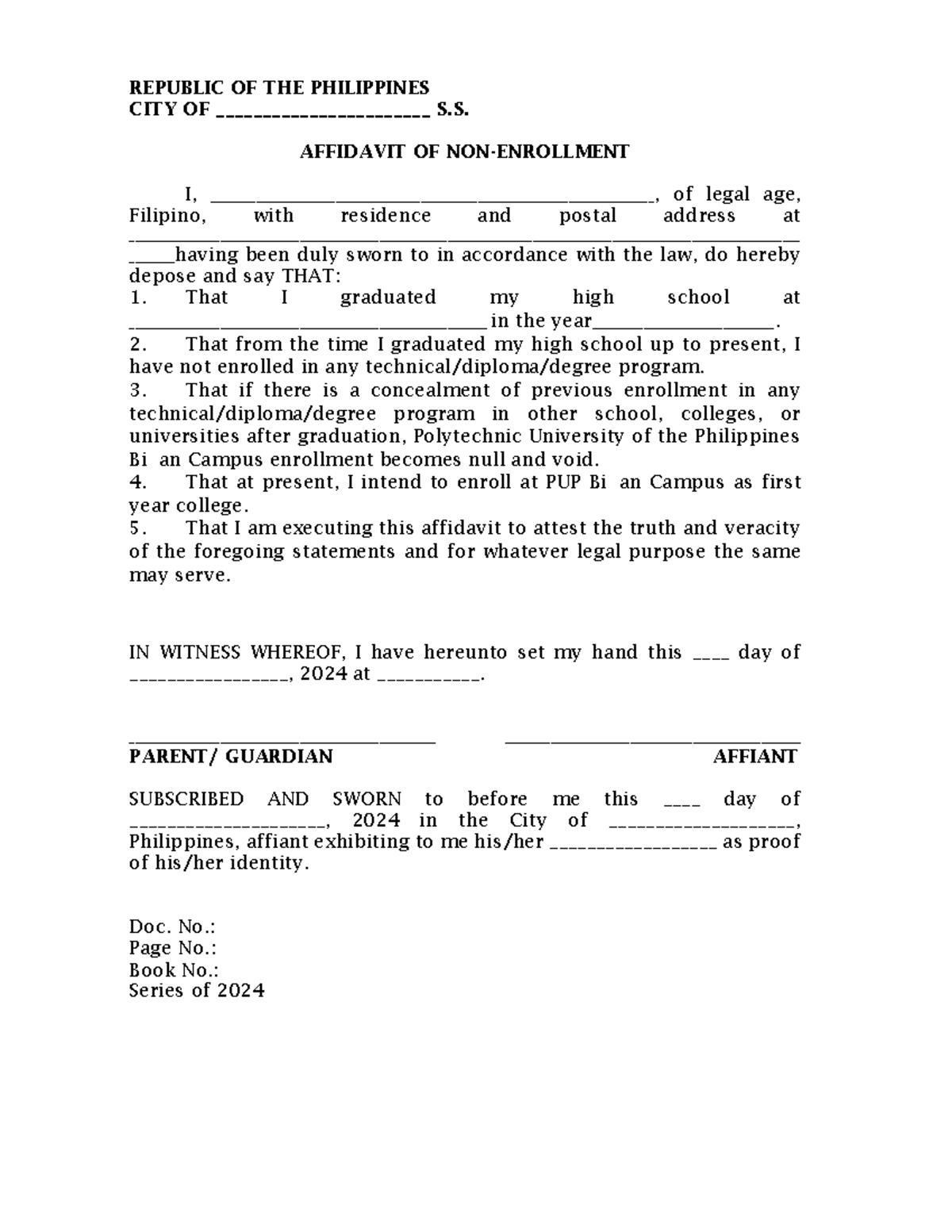 Affidavit of Non-Enrollment for PUP Biñan Campus Admission 2024 - Studocu