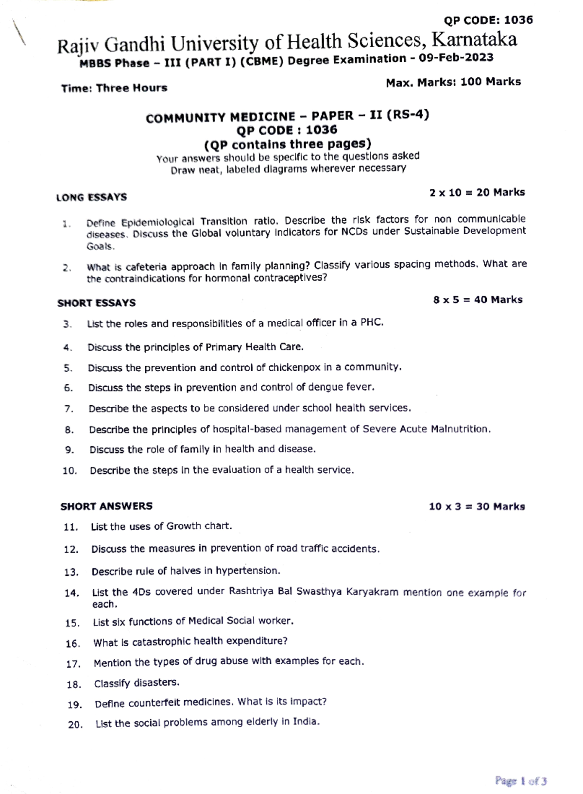 Community medicine RS4 Rguhs final question paper - QP CODE: 1036 Rajiv ...