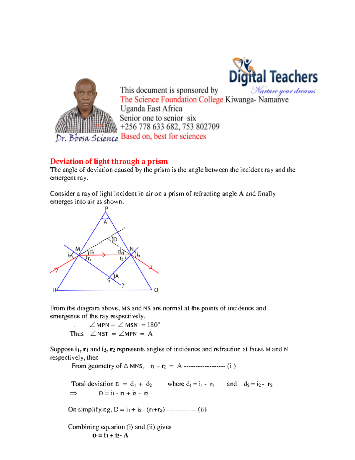 Prisms-A-level - NOTES - Deviation of light through a prism The angle ...