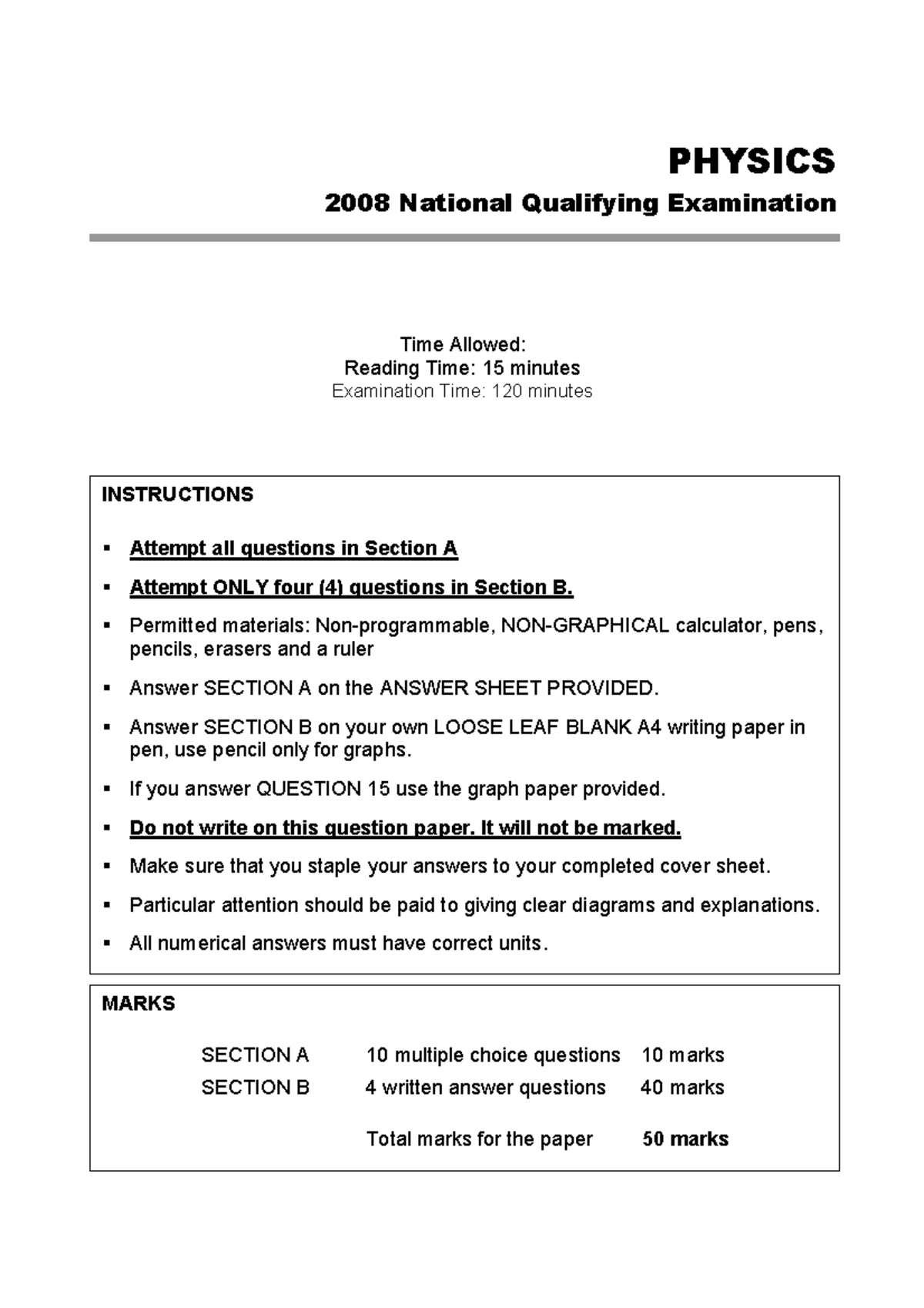 PHYSICS 2008 National Qualifying Examination - Complete Guide - Studocu
