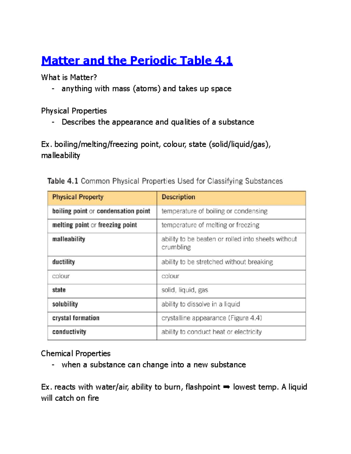 Chem 10 - Matter, Periodic Table, and Chemical Properties Study Guide ...