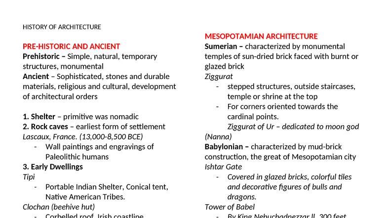 HISTORY OF ARCHITECTURE: From Prehistoric to Modern Developments - Studocu
