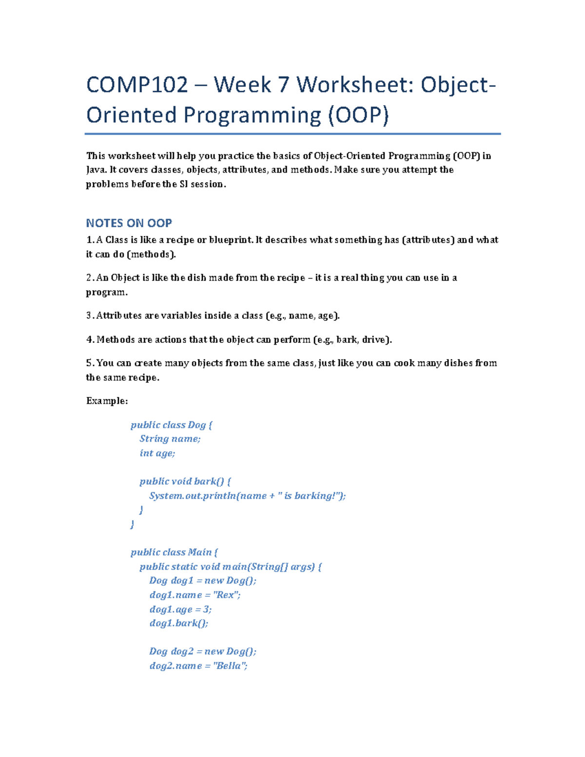 COMP102 Week 7 OOP Worksheet: Classes, Objects & Methods - Studocu