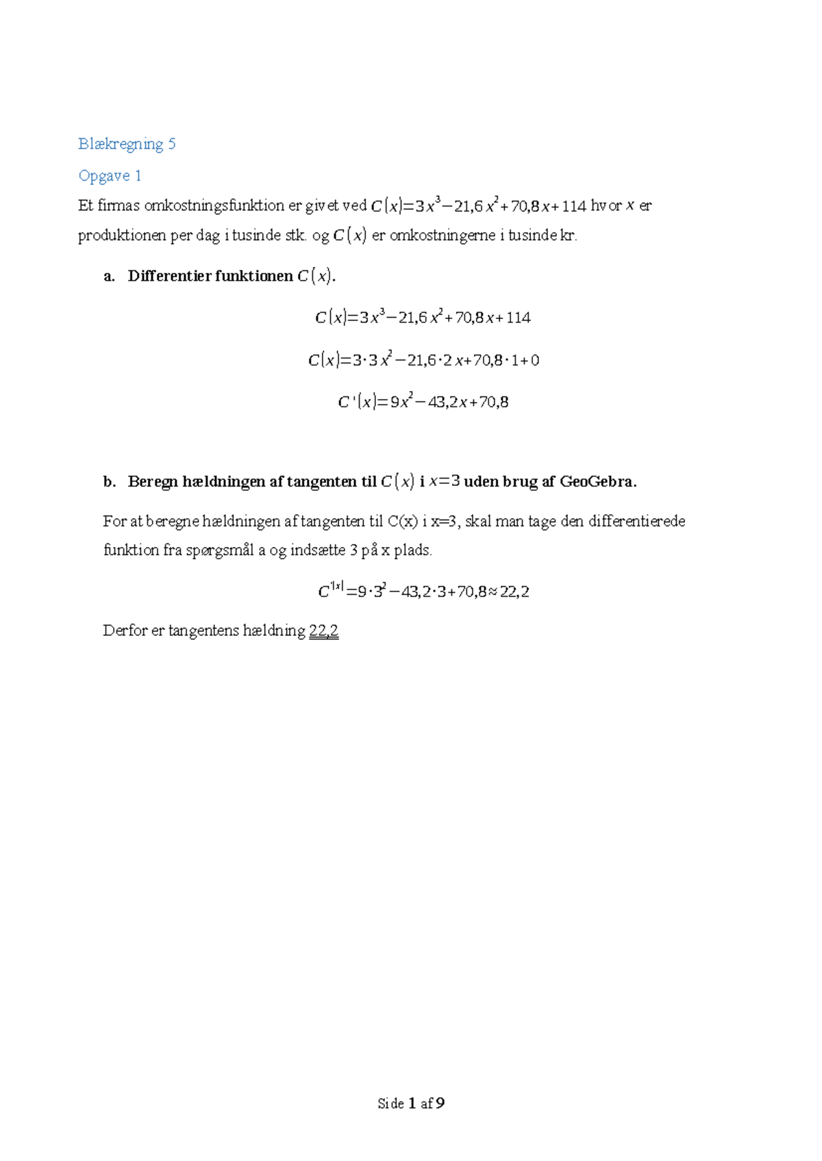 Blækregning 5 - Opgaver om Differentiering og Eksponentielle Funktioner ...