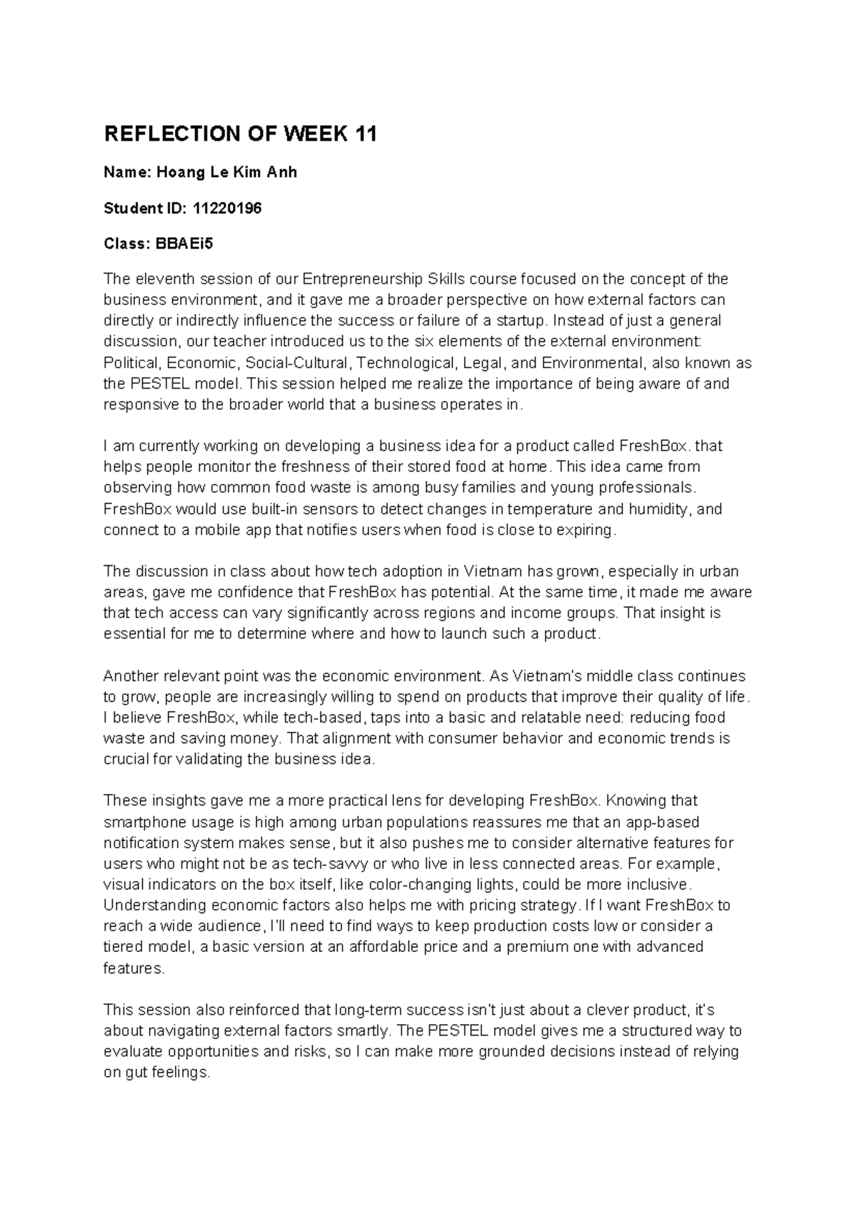 Reflection on Week 11: Entrepreneurship Skills (BBAEi5) - Studocu