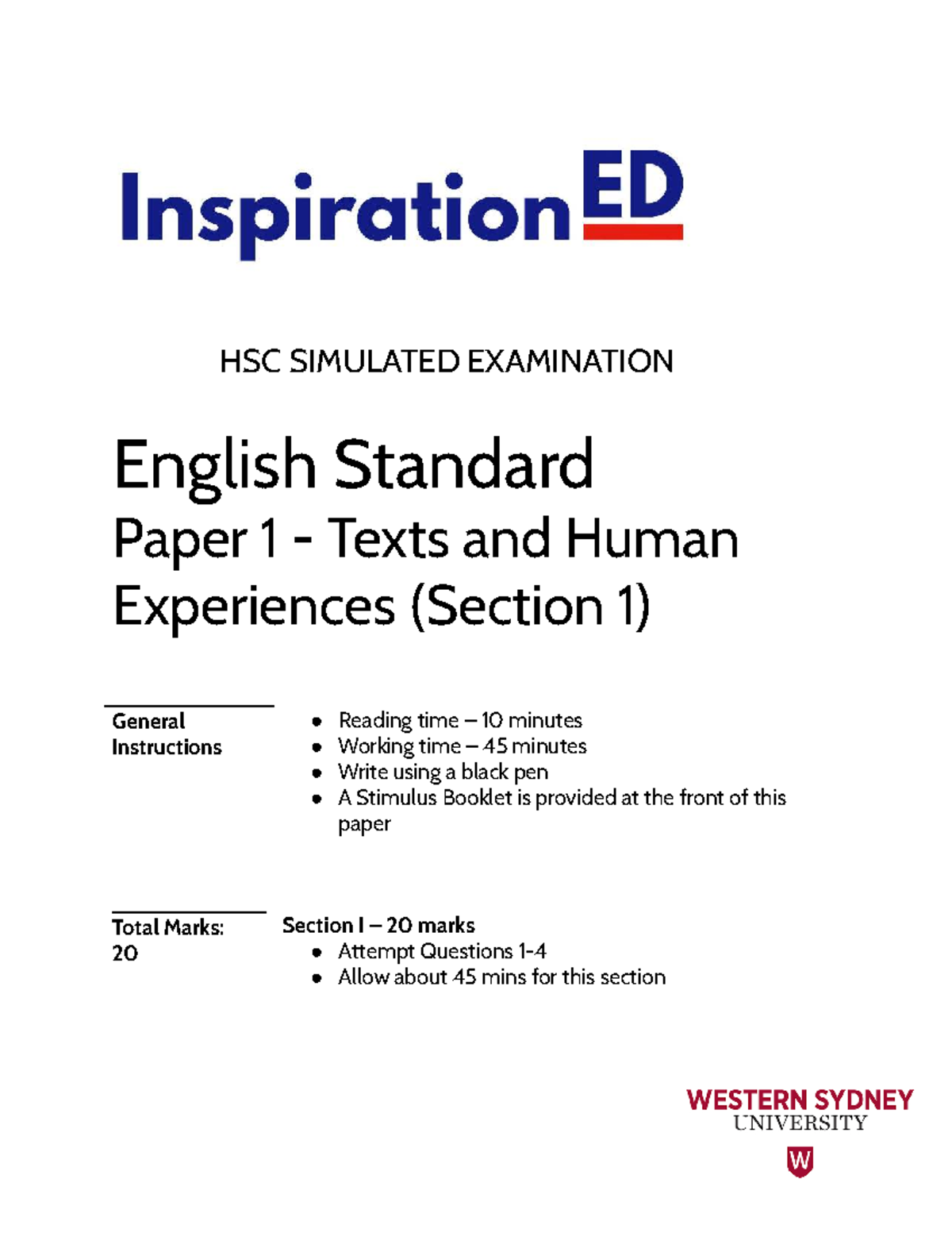 HSC Simulated Exam 2021: English Standard Paper 1 - Texts & Human ...