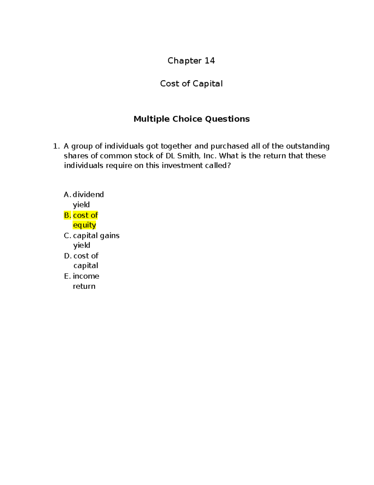 Chap014 -multiple choice questions - Chapter 14 Cost of Capital ...