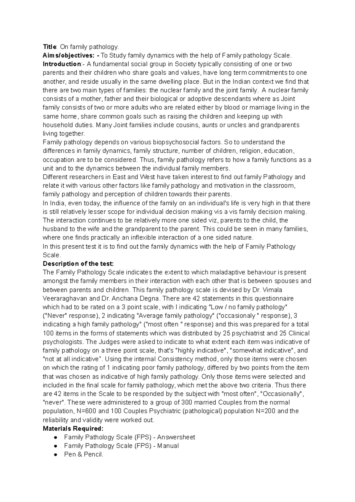 Family Pathology Scale: Analyzing Family Dynamics in India - Studocu