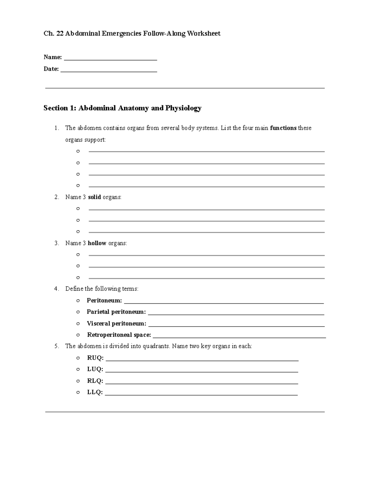Ch. 22 Abdominal Emergencies Follow-Along Worksheet - Studocu