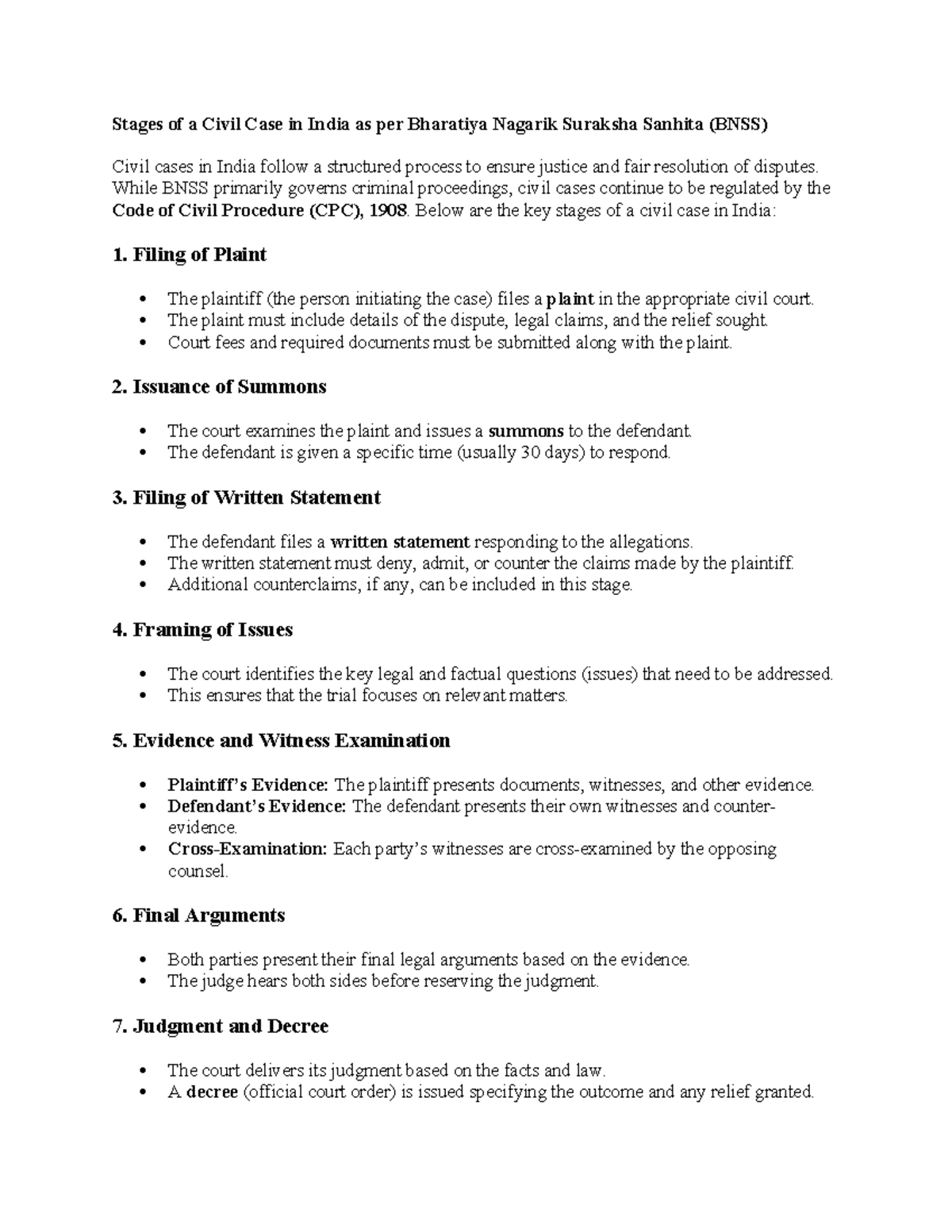 Stages of a Civil Case in India: A BNSS Overview - Studocu