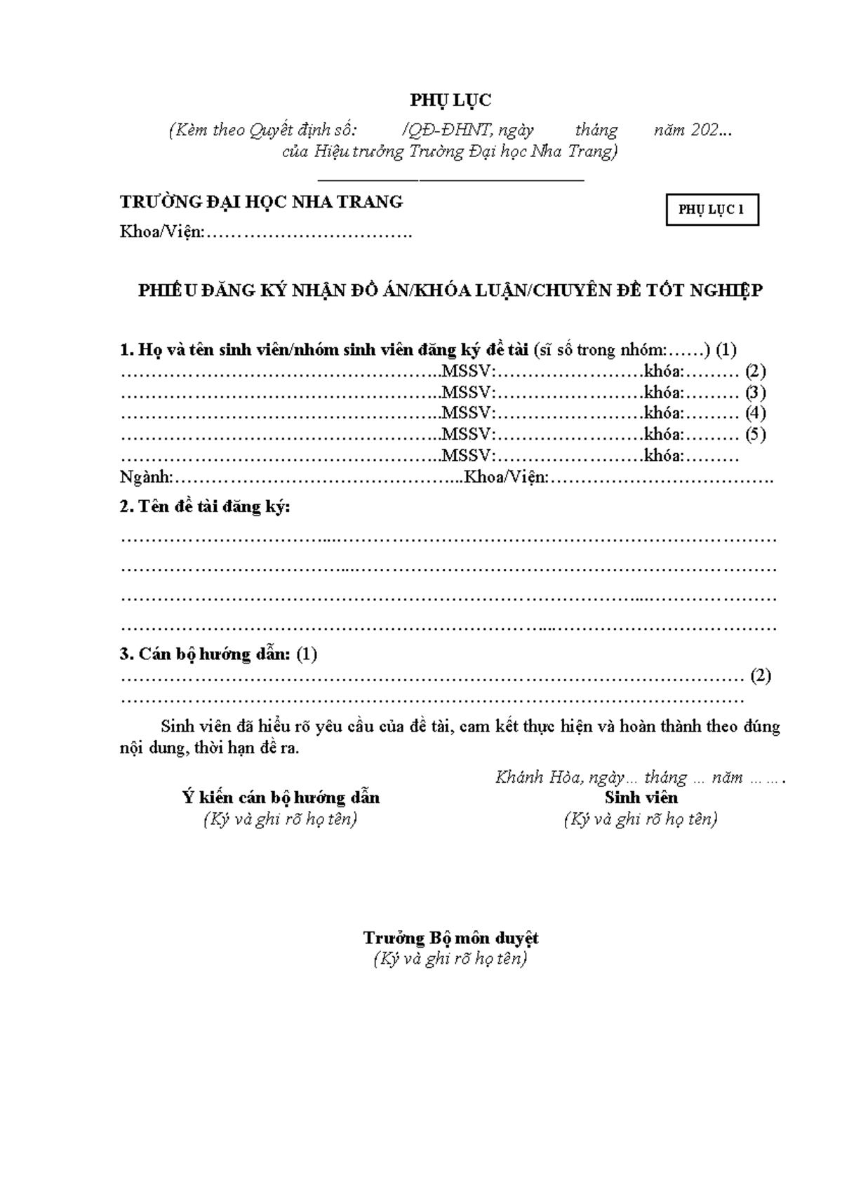 PHU LUC 1-5: Biểu Mẫu Đồ Án Tốt Nghiệp - Trường ĐH Nha Trang - Studocu