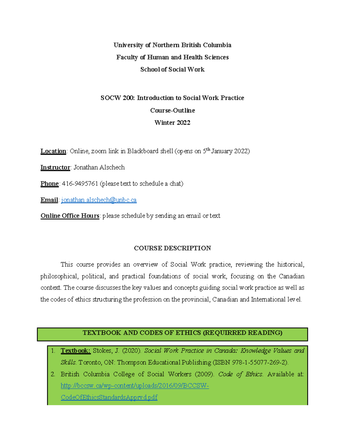 SOCW 200 Winter 2022 Course Outline: Introduction to Social Work - Studocu