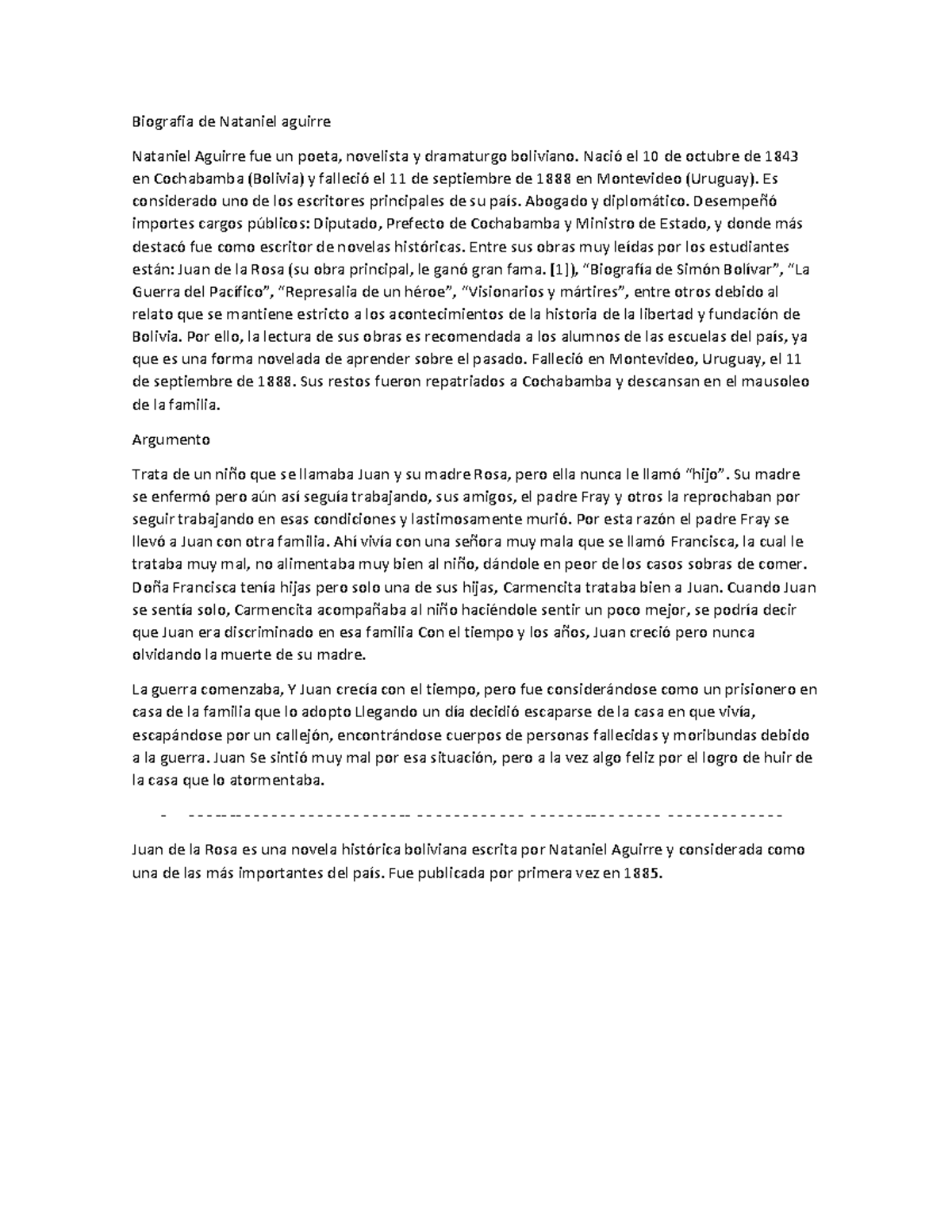 Biografia de Nataniel aguirre - Biografia de Nataniel aguirre Nataniel Aguirre fue un poeta ...