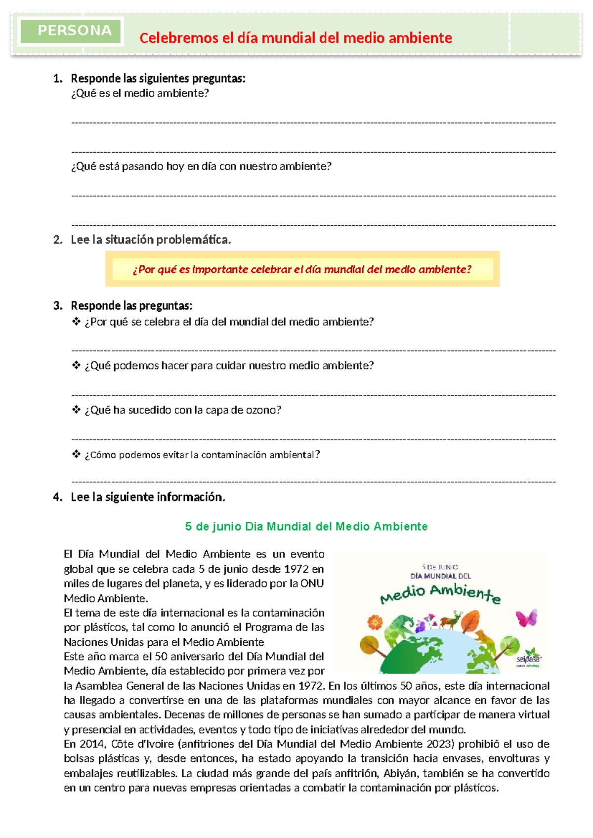 D1 A2 Ficha PS: Celebración del Día Mundial del Medio Ambiente 2023 ...