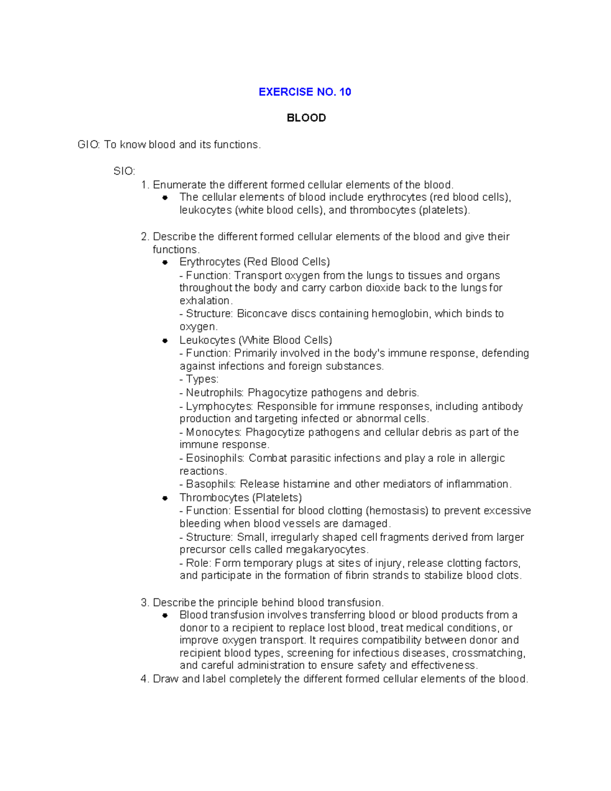 LAB Exercise 10: Blood Components and Functions Overview - Studocu