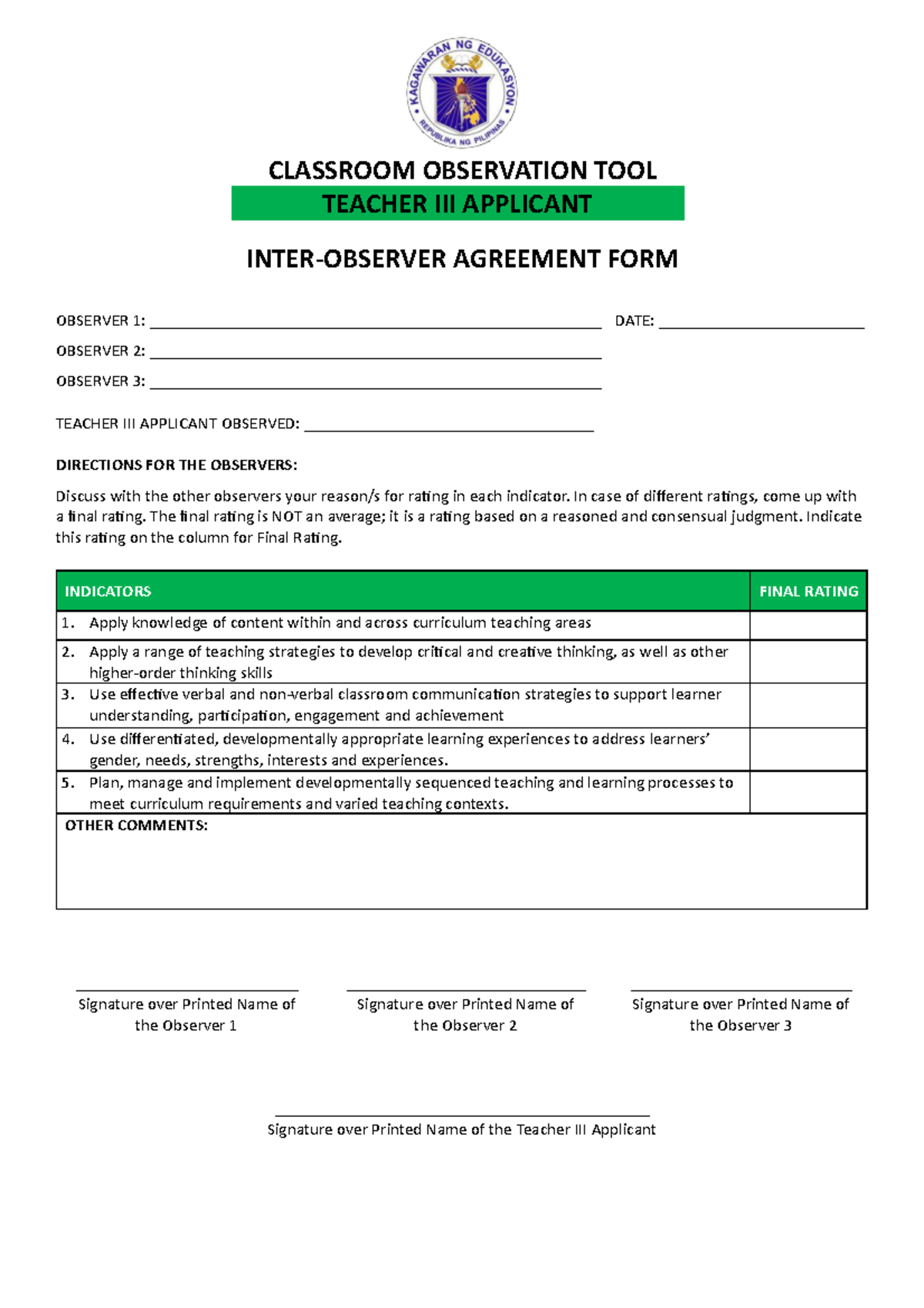 COT Inter-Observer Agreement Form for Teacher III Evaluation - Studocu
