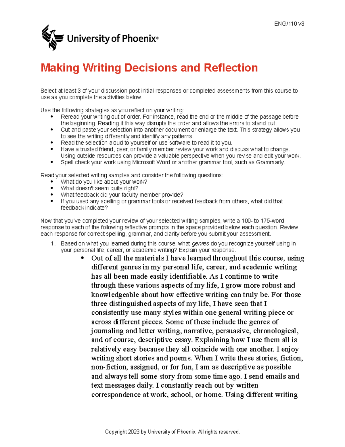 ENG/110 v - Week 5 Reflection on Writing Decisions and Feedback - Studocu