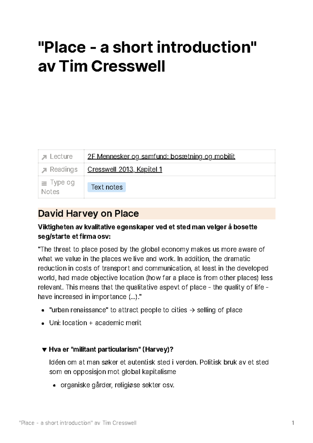 Notater til "Place - a short introduction av Tim Cresswell" - "Place ...