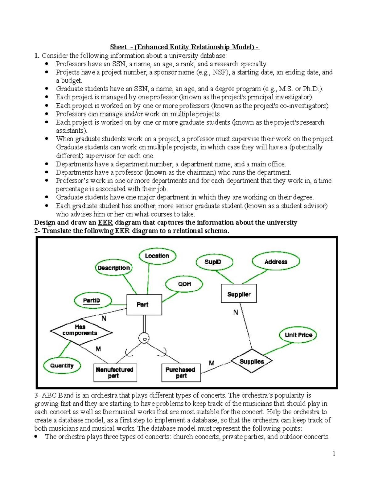 ERD Questions - Sheet - (Enhanced Entity Relationship Model) - Consider ...