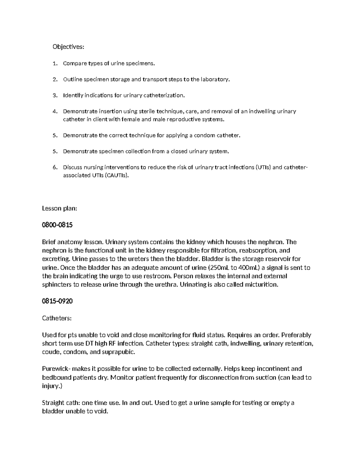 Lesson Plan: Urinary System & Foley Catheter Techniques (NUR 101) - Studocu
