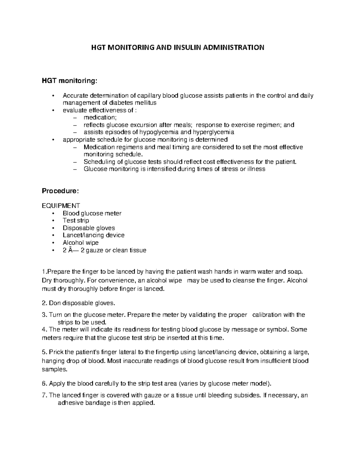 HGT Monitoring and Insulin Administration Guidelines for Diabetes ...