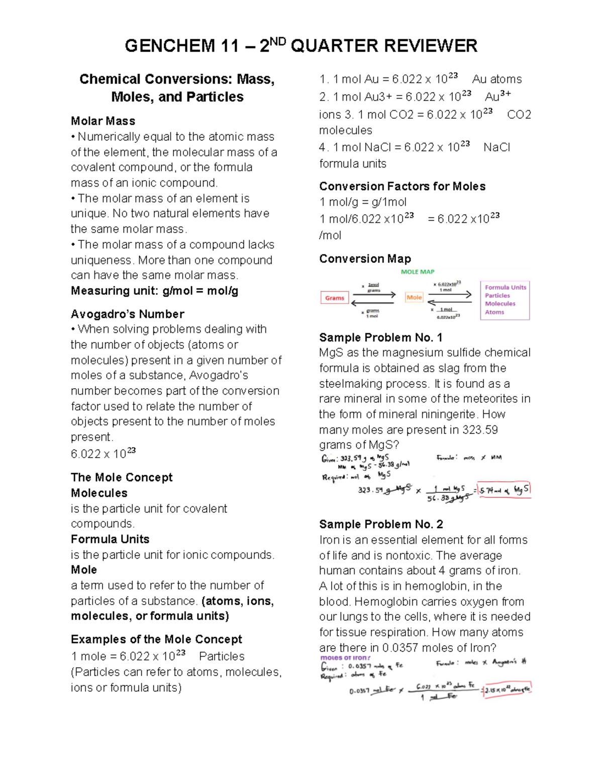 GENCHEM 11 – 2ND QUARTER REVIEWER: Stoichiometry & Chemical Conversions ...