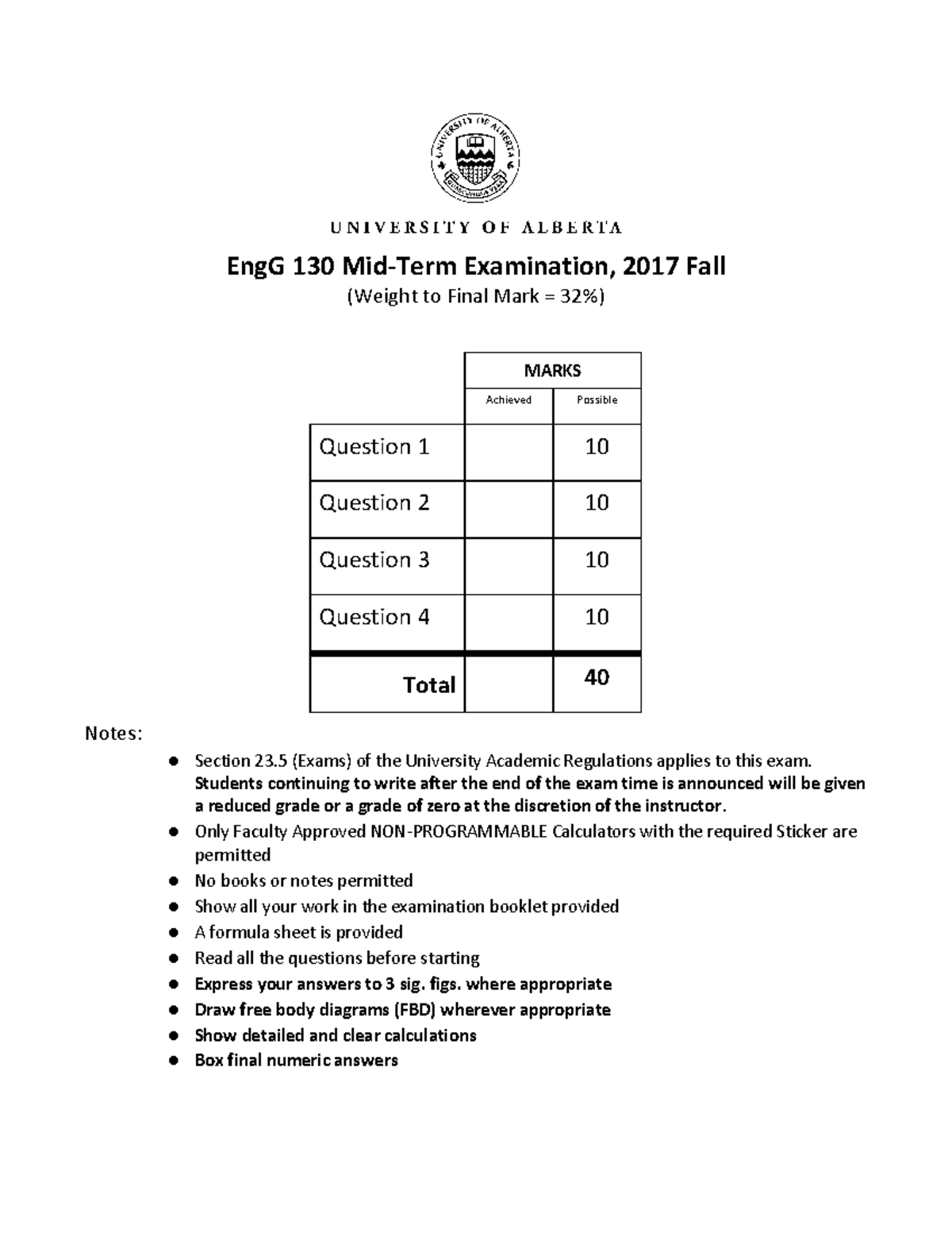 ENGG 130 Fall 2017 Midterm Exam Solutions and Key Concepts - Studocu