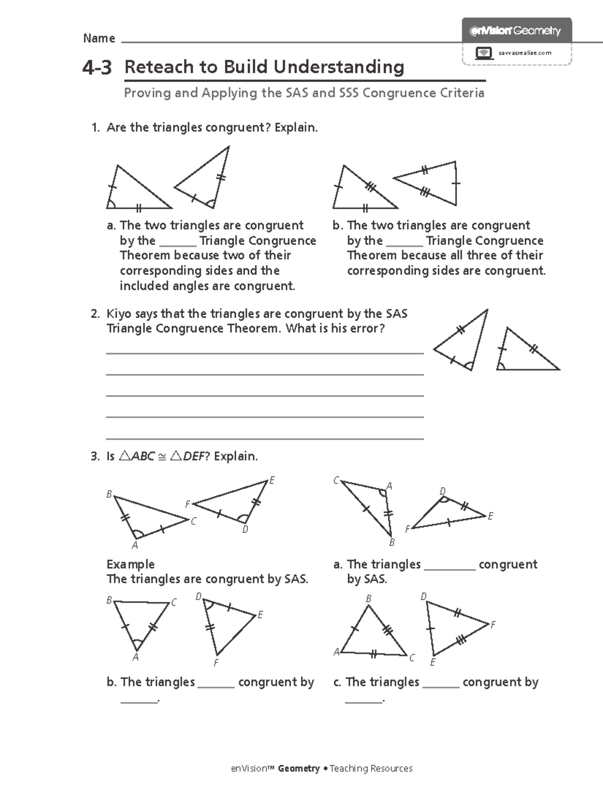 4-3 Reteach Worksheet: Proving SAS & SSS Triangle Congruence - Studocu