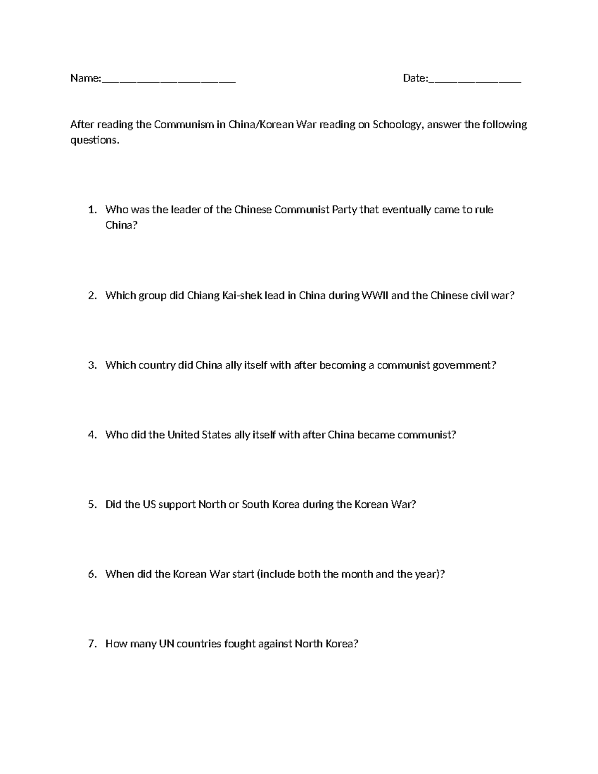 Korean War Reading Questions and Answers for History Class - Studocu