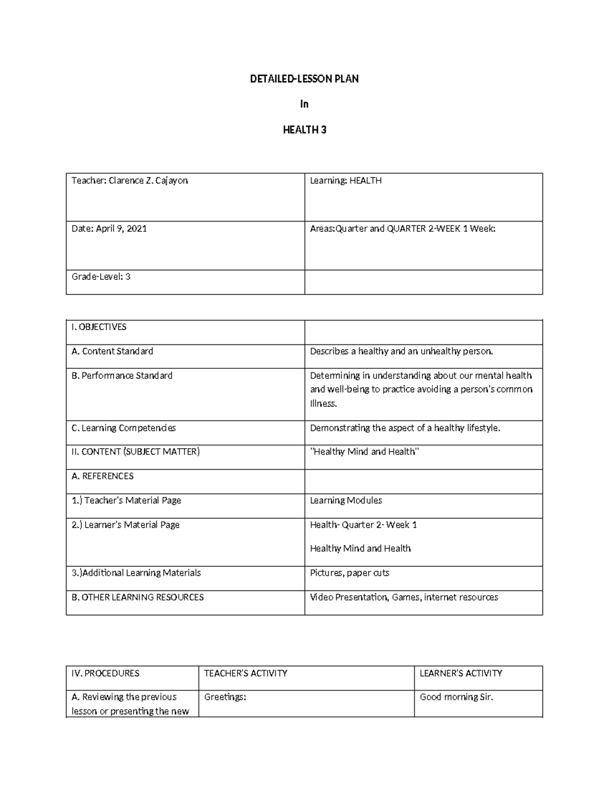 Detailed Lesson Plan for Health 3 - Week 1 (2021) - Studocu