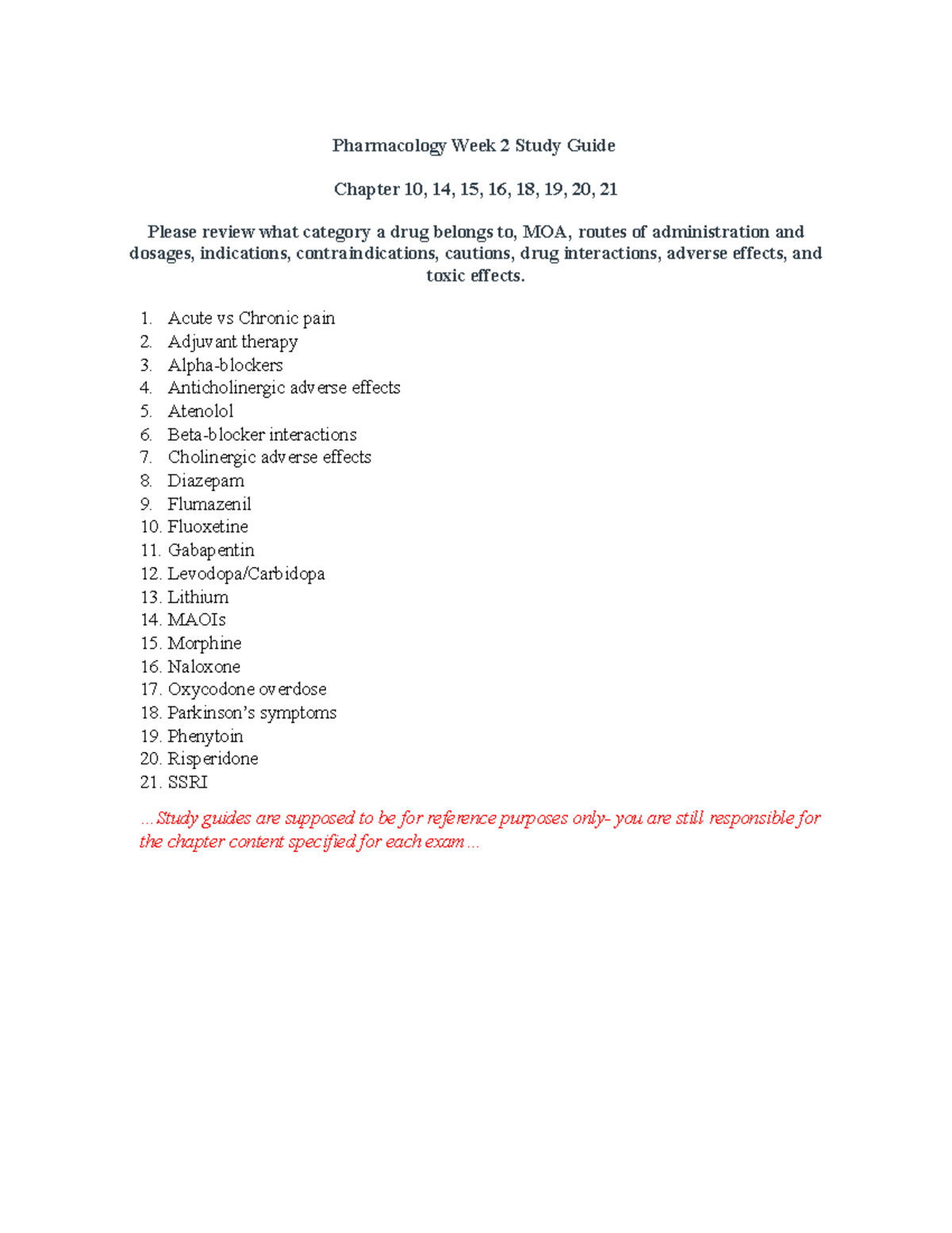 HD Week 2 Study Guide 1 - Pharmacology Week 2 Study Guide Chapter 10 ...