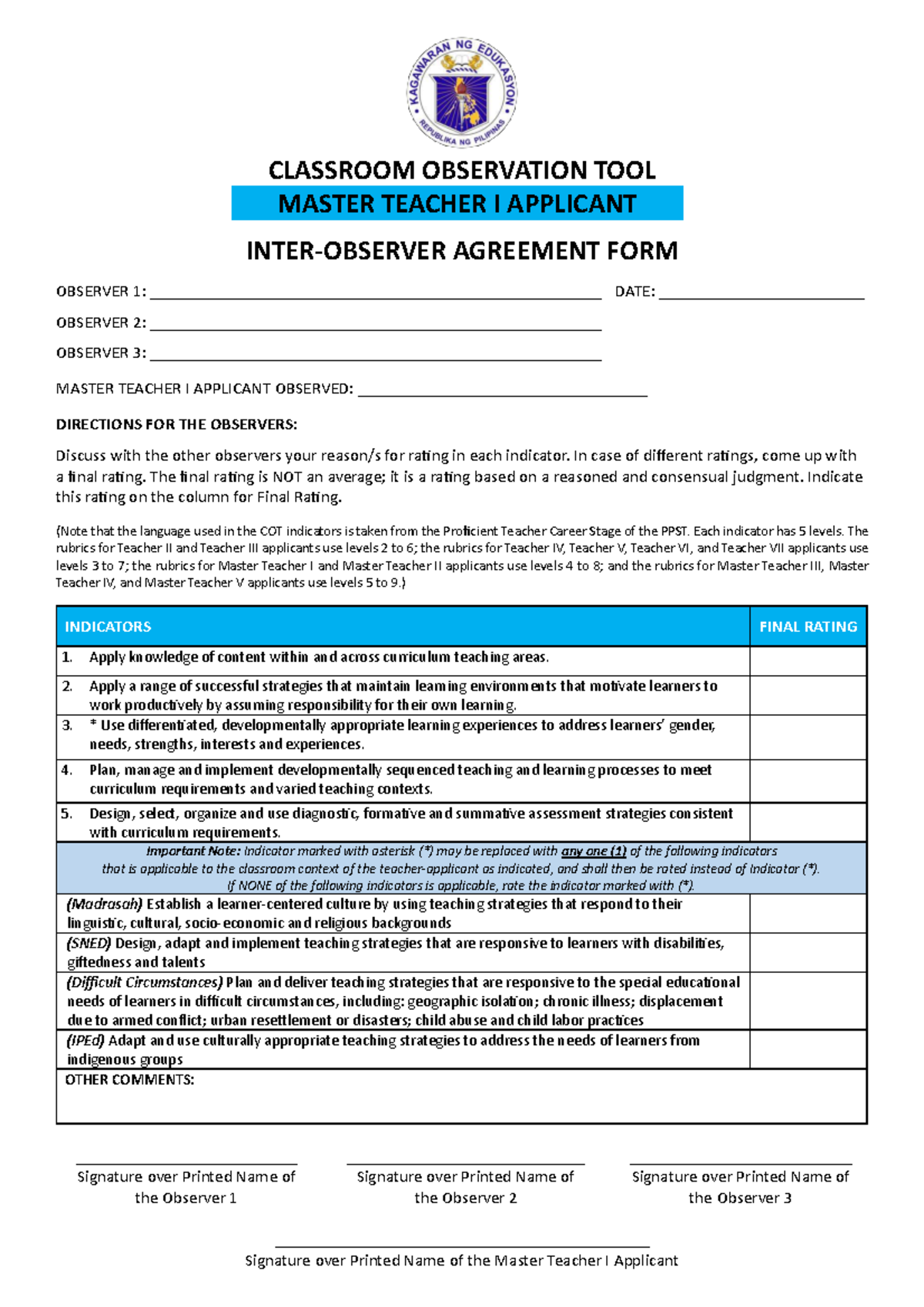 COT Inter-Observer Agreement Form for Master Teacher I Applicants - Studocu