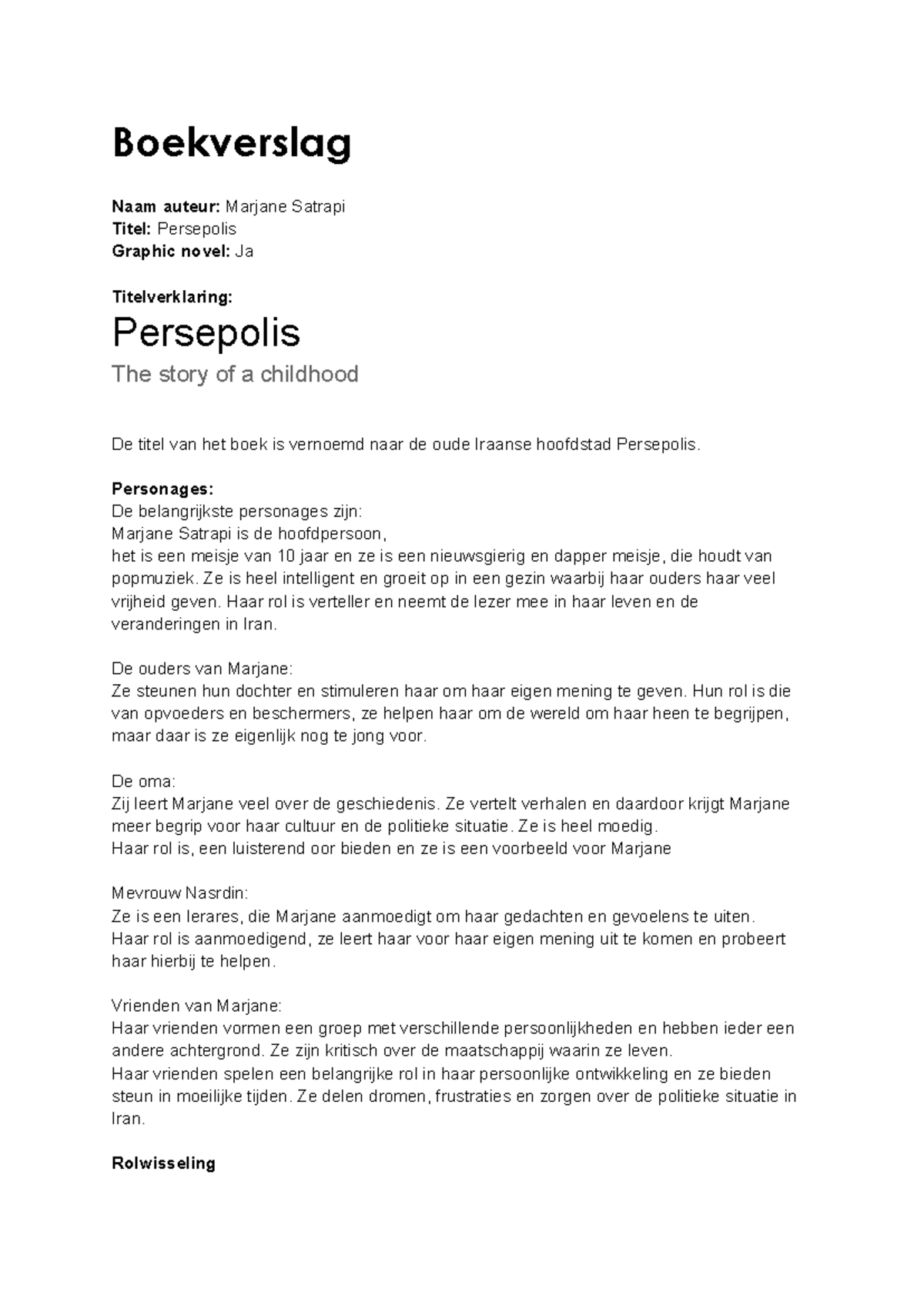 Engels Boekverslag 1: Analyse van 'Persepolis' door Marjane Satrapi ...